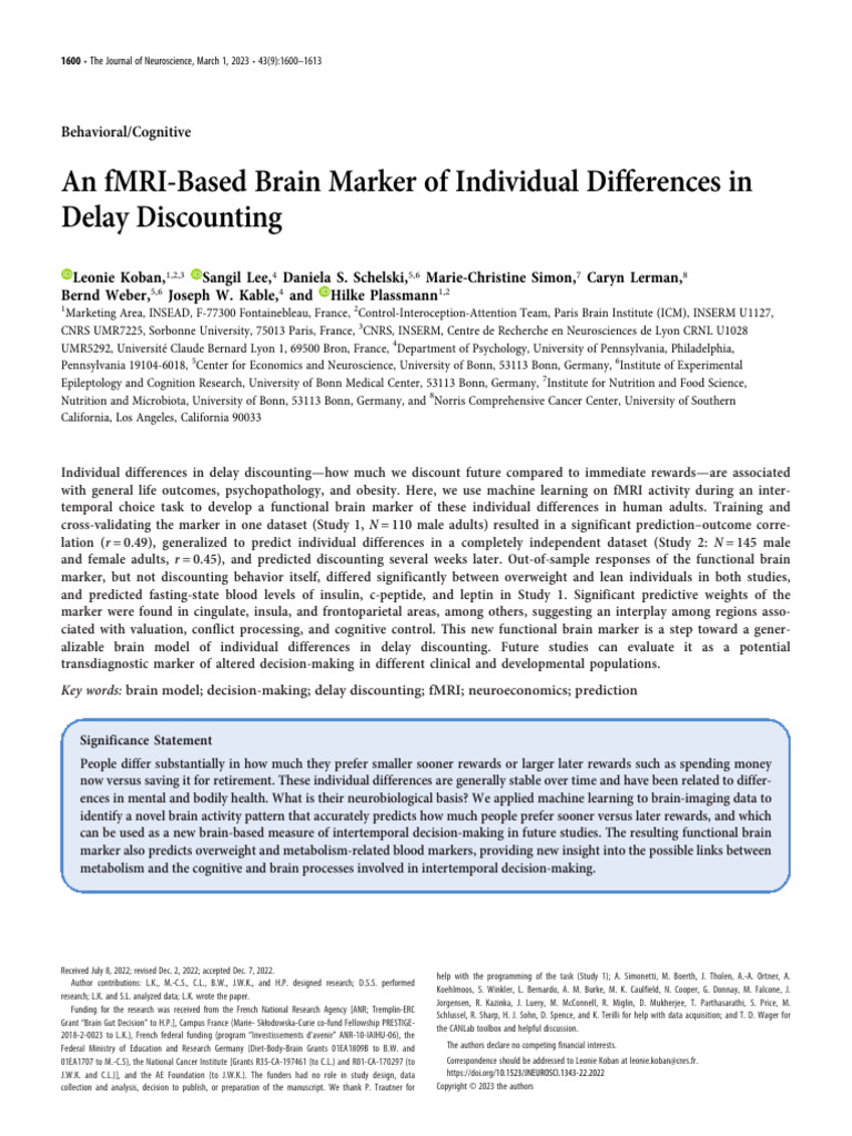 An fMRI-Based Brain Marker of Individual Differences in Delay Discounting | PDF | Cross ...