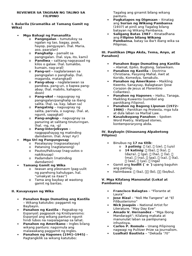 Tagisan NG Talino Sa Filipino PINAL | PDF