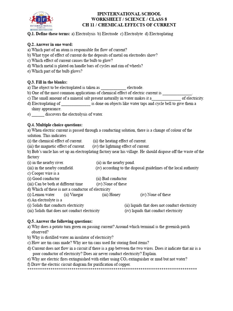 Class 8 Science Worksheet: Chemical Effects of Current | PDF | Electric ...