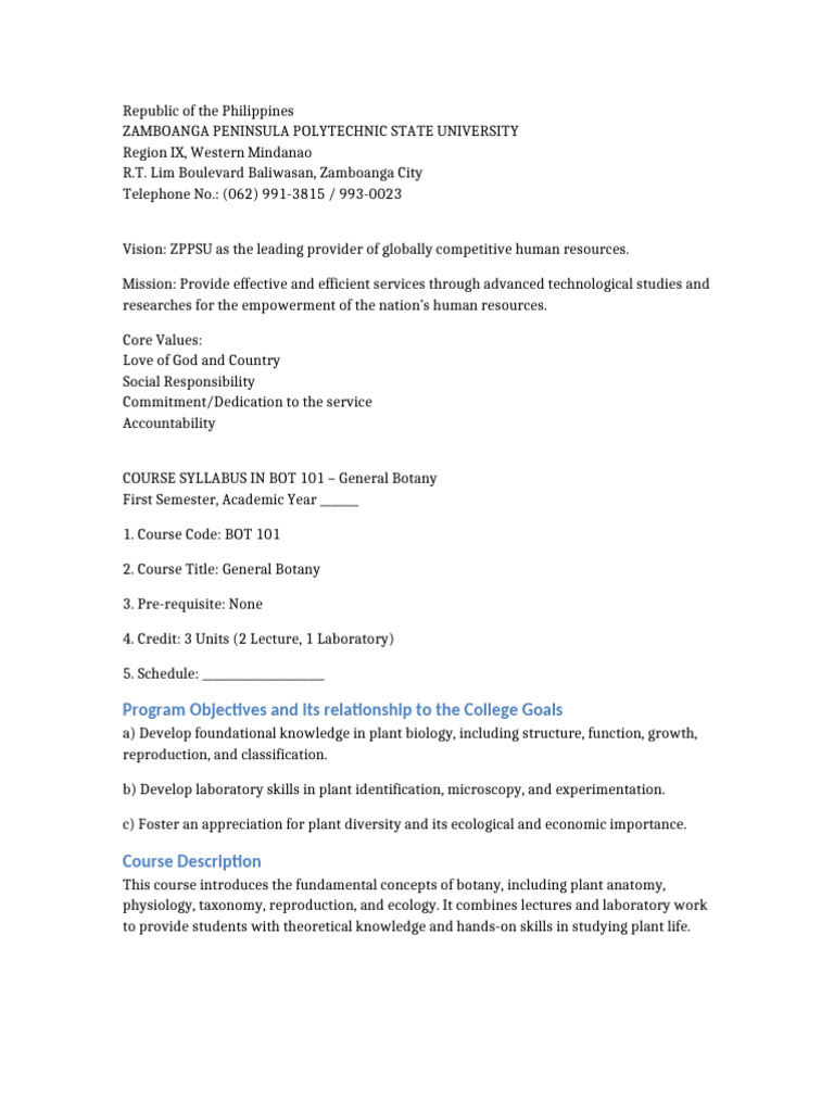 General Botany Course Syllabus - ZPPSU | PDF | Botany | Plants