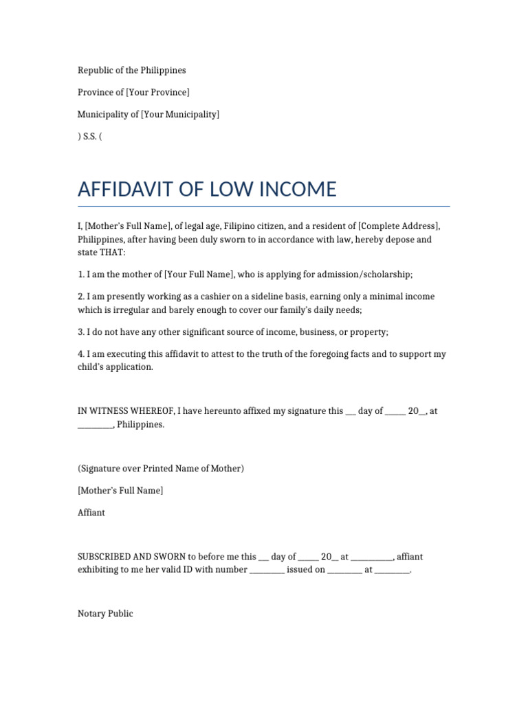 Affidavit of Low Income for Scholarship | PDF