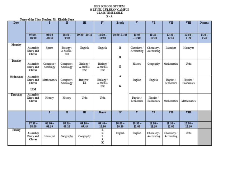 O Level Gulshan Campus Timetable | PDF