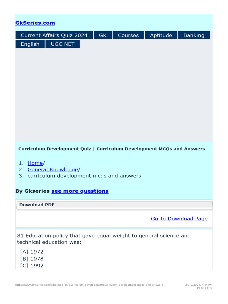 Curriculum Development MCQs and Answers - Curriculum Development Quiz | PDF | Curriculum ...