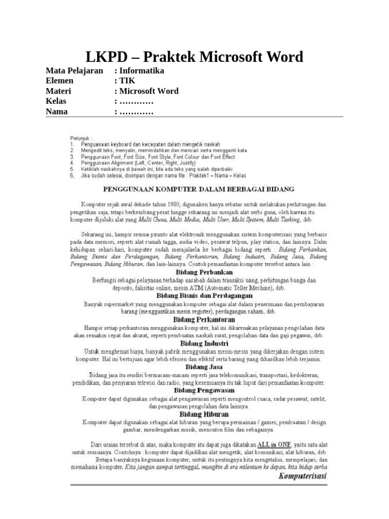 LKPD Praktek MS Word 2025 | PDF