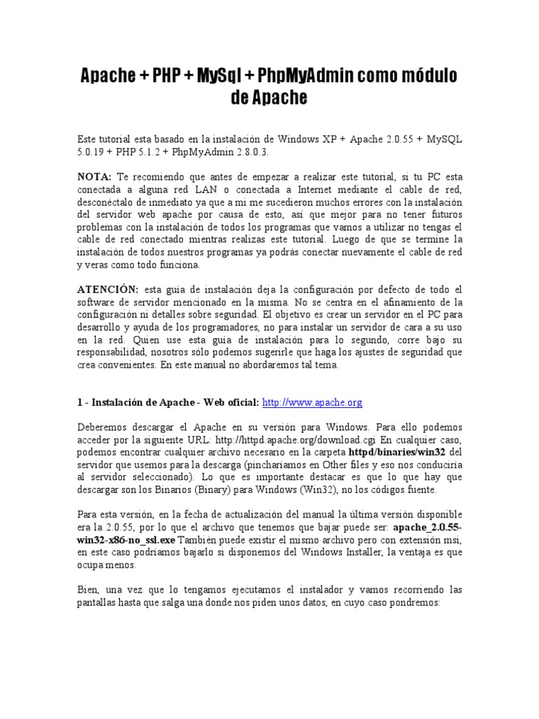 Apache Php Mysql Phpmyadmin Como Módulo Pdf Servidor Apache Php