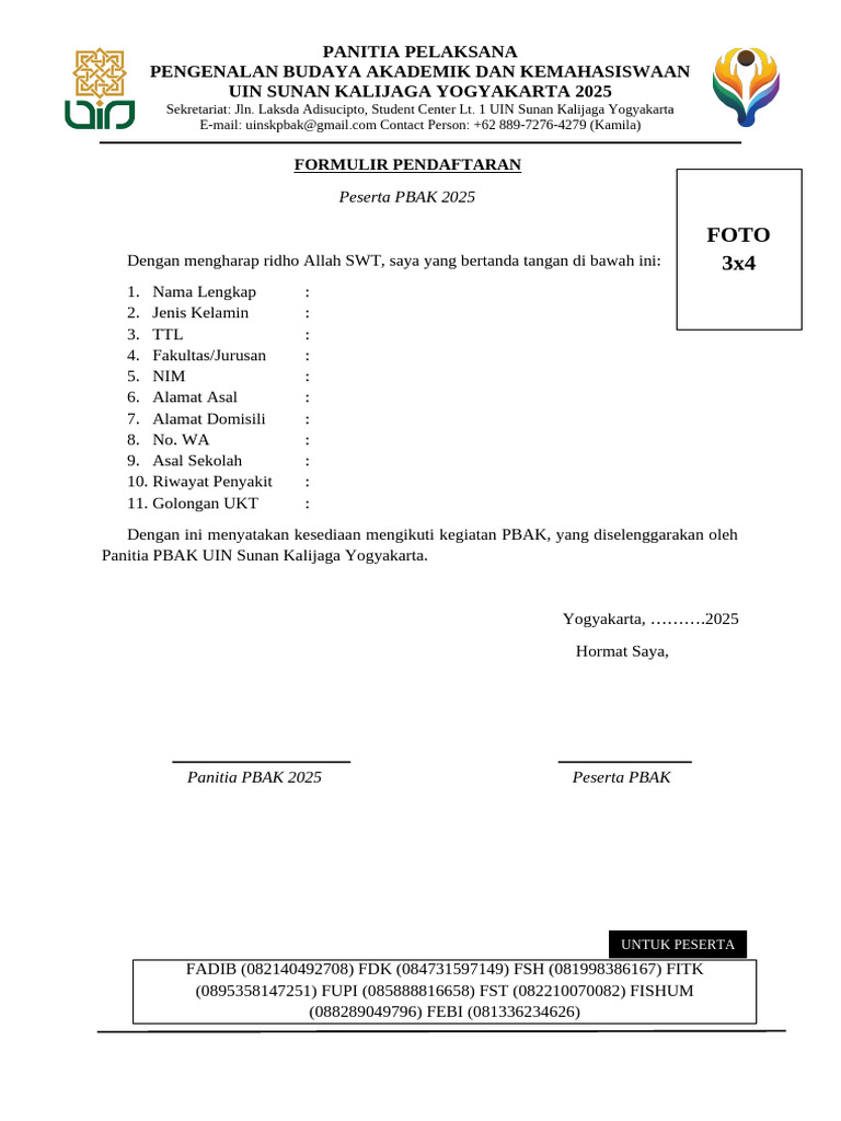 Formulir Pendaftaran PBAK UIN 2025 | PDF