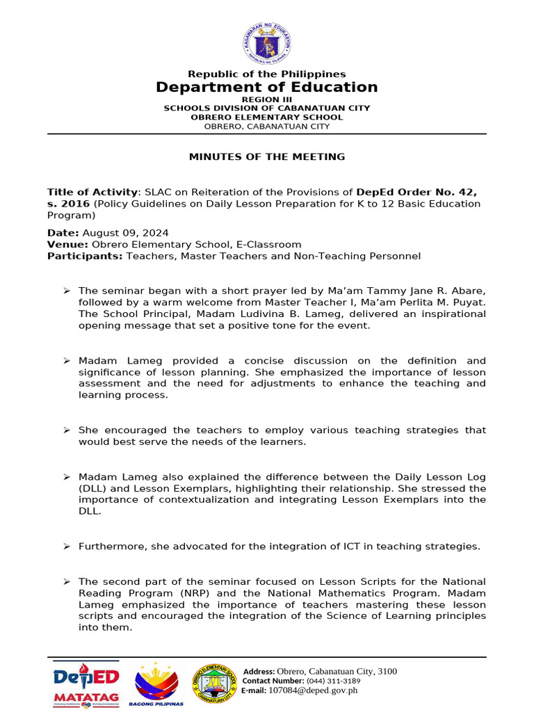 SLAC Meeting Minutes with Lameg | PDF | Teachers | Education Theory