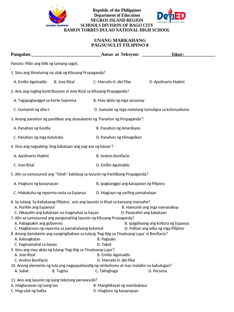 Long Test in Fil 8 | PDF