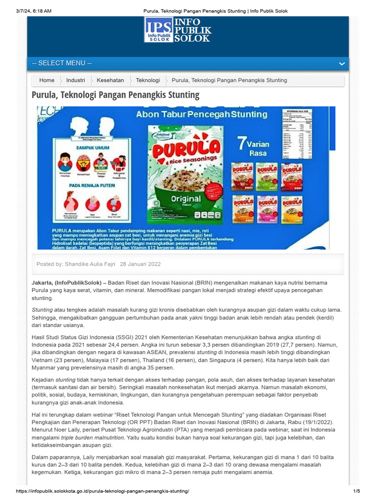 Purula, Teknologi Pangan Penangkis Stunting - Info Publik Solok | PDF
