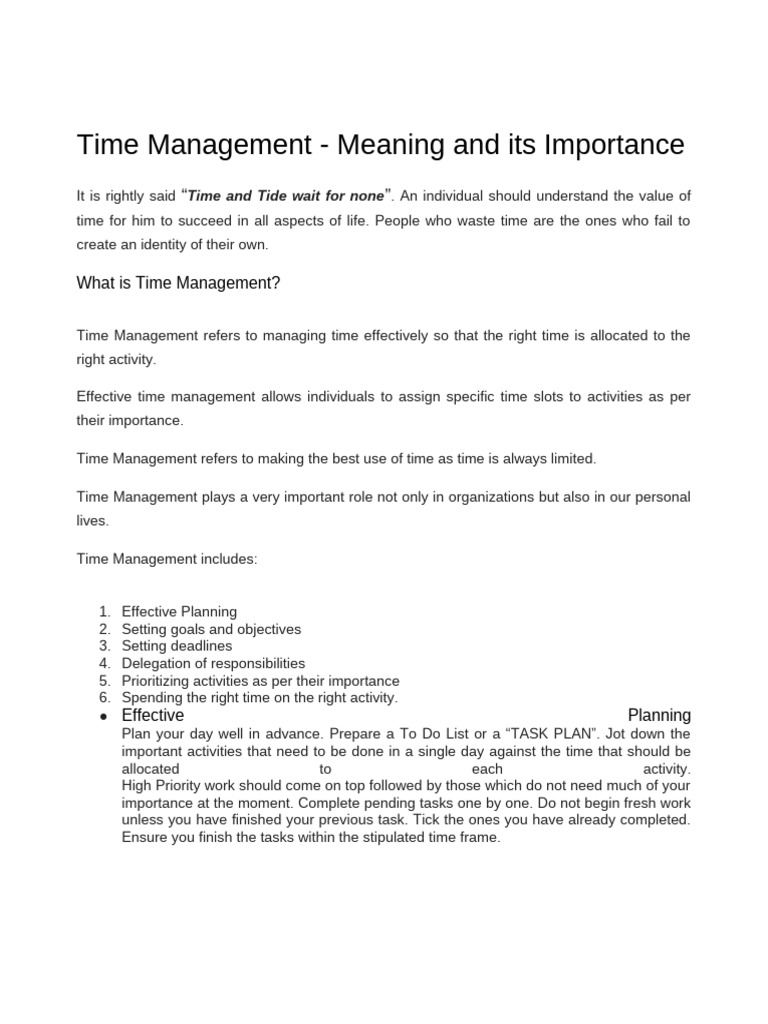 Time Management - Meaning and Its Importance | PDF | Time Management ...