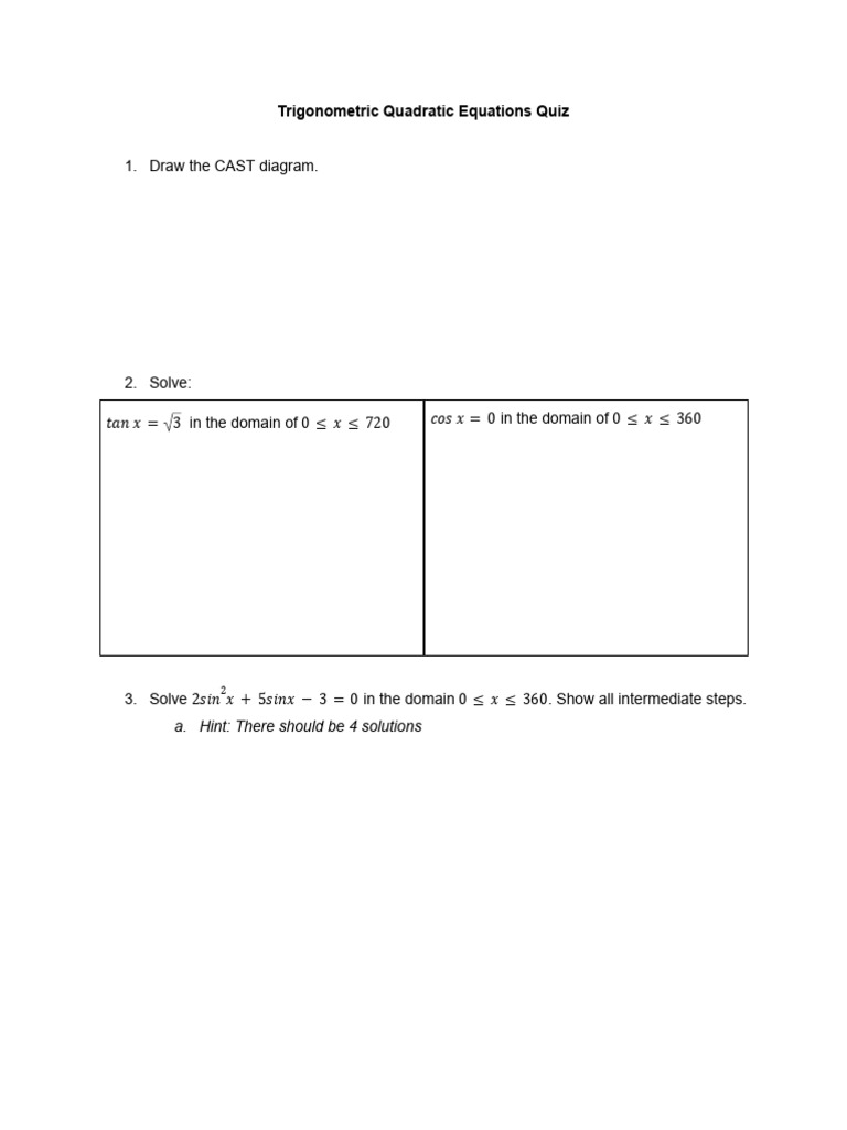 Trigonometric Quadratic Equations Quiz Pdf