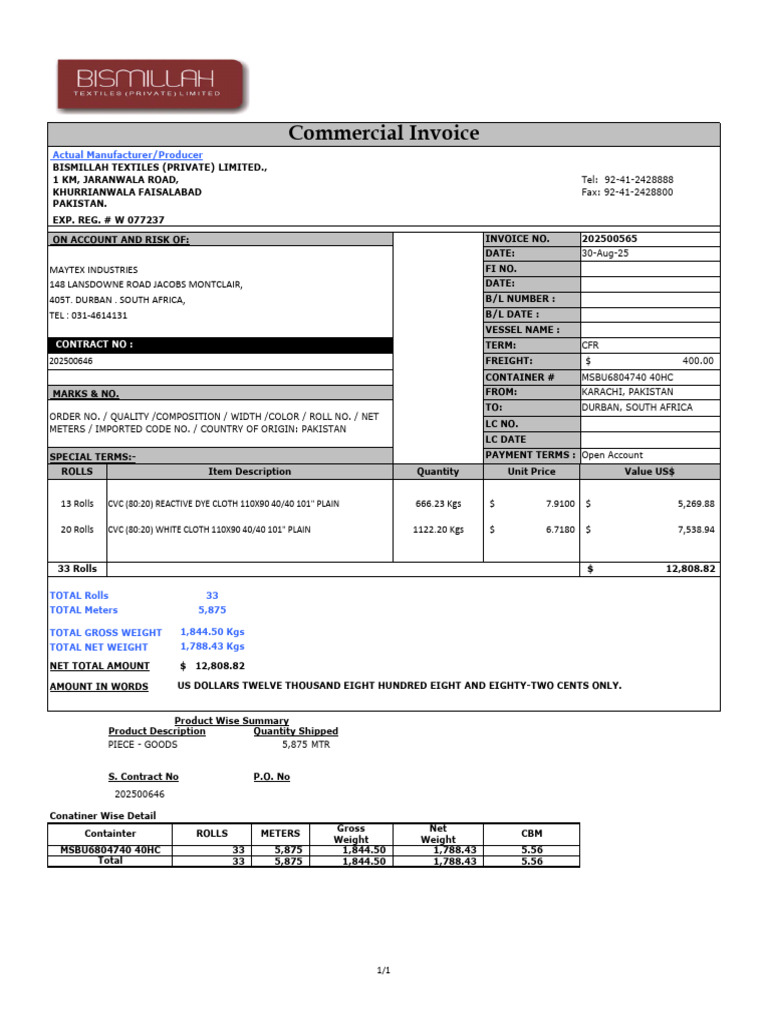 Commercial Invoice for Textile Shipment | PDF