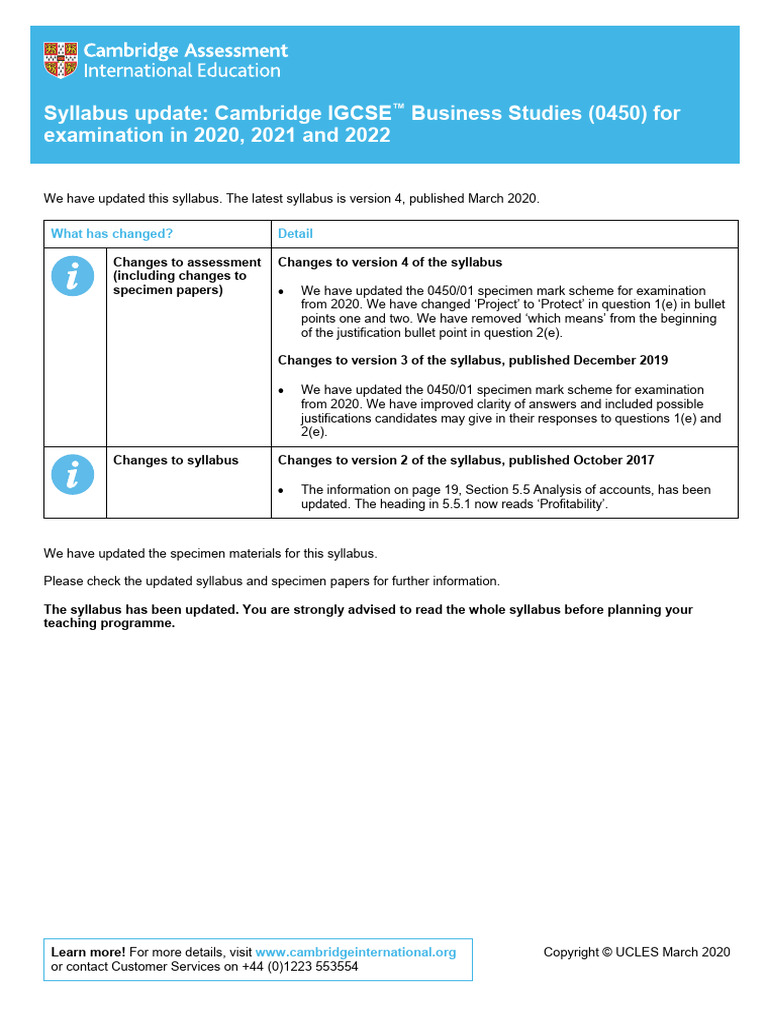 Updated Cambridge IGCSE Business 0450 | PDF