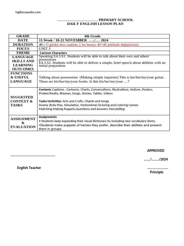 4th Grade English Lesson Plan: Week 11 | PDF