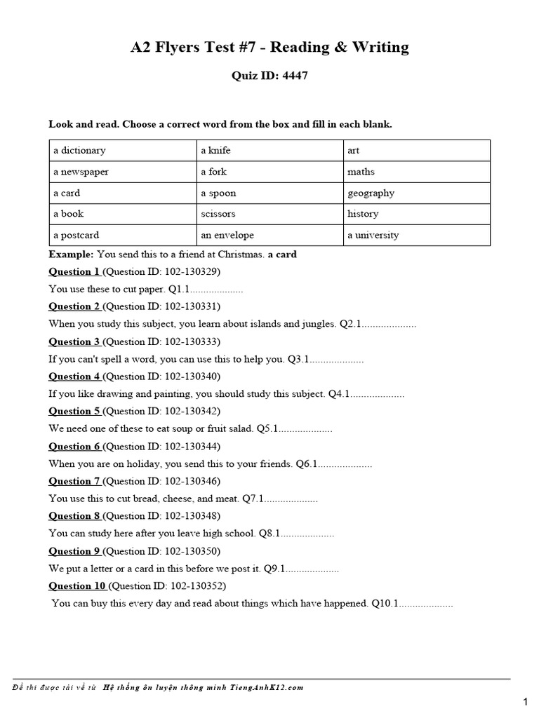 A2 Flyers Reading & Writing Quiz | PDF | Whales