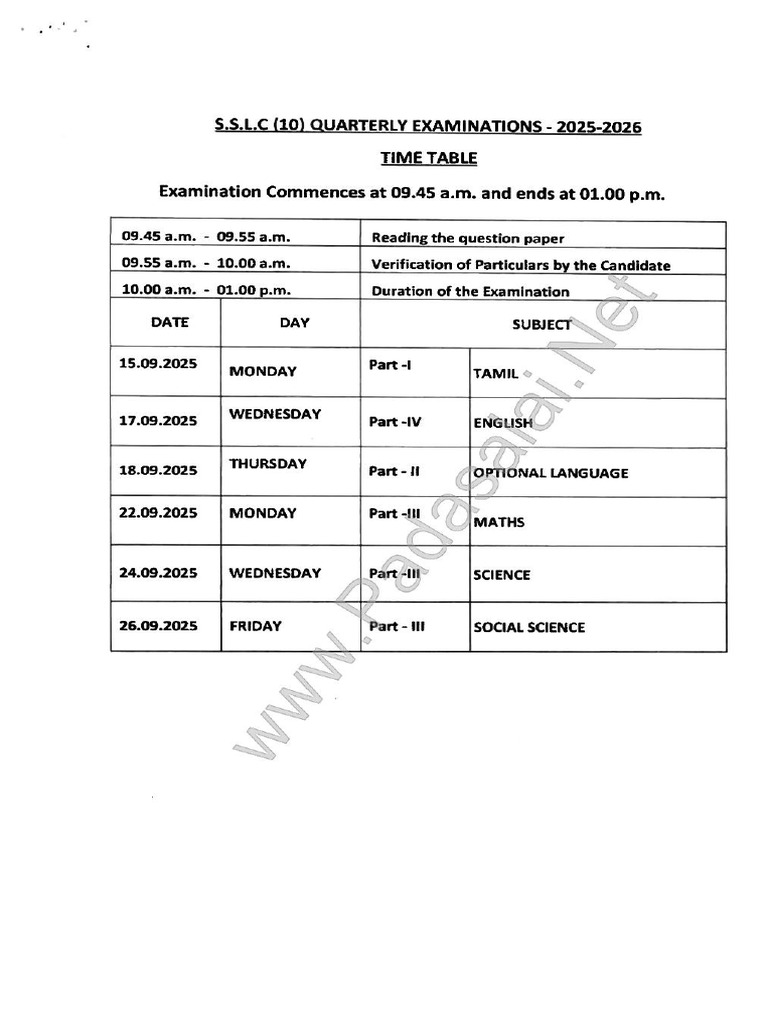 10th Quarterly Exam Time Table | PDF