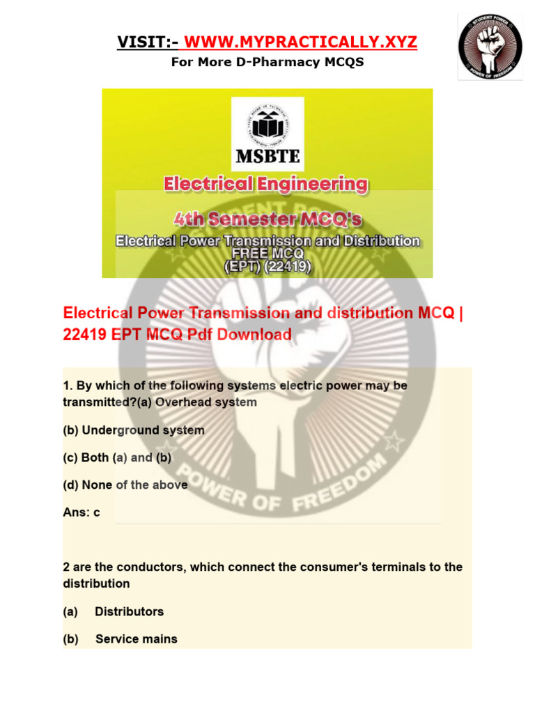 Electrical Power Transmission and Distribution MCQ 22419 EPT MCQ | PDF | Electric Power ...