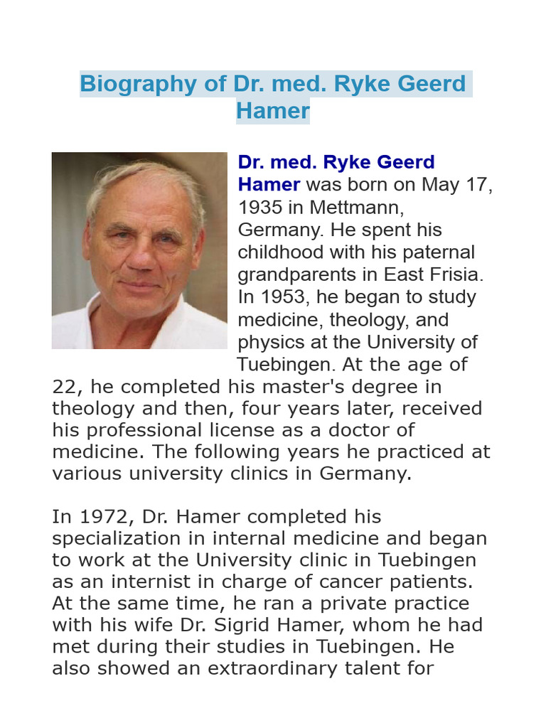 History of GNM & Biography of Dr. Med. Ryke Geerd Hamer | PDF | Cancer ...