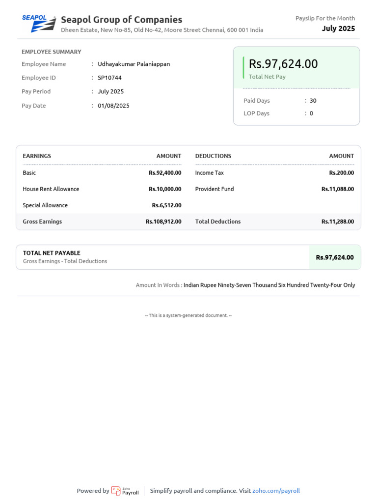 July 2025 Payslip for Udhayakumar Palaniappan | PDF