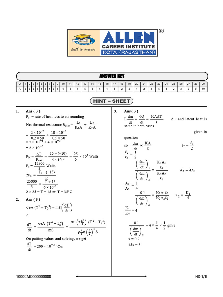 Answer Key: Hint - Sheet | PDF | Thermodynamics | Quantity