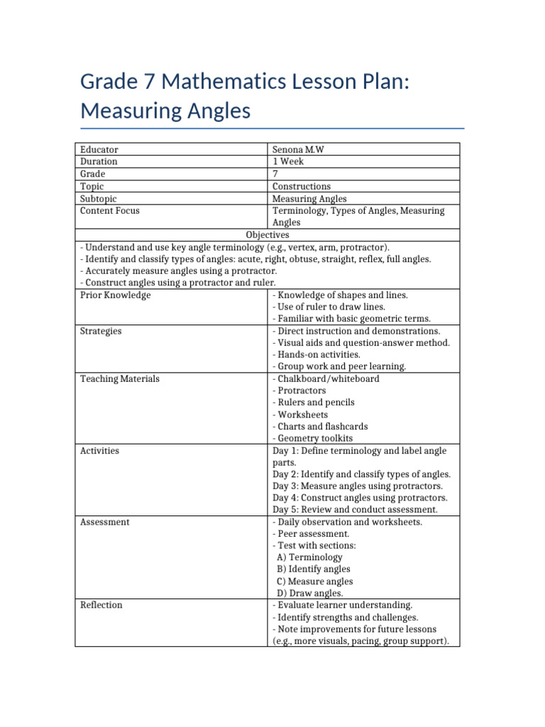 Grade 7 Angle Measurement Lesson Plan | PDF | Educational Assessment ...