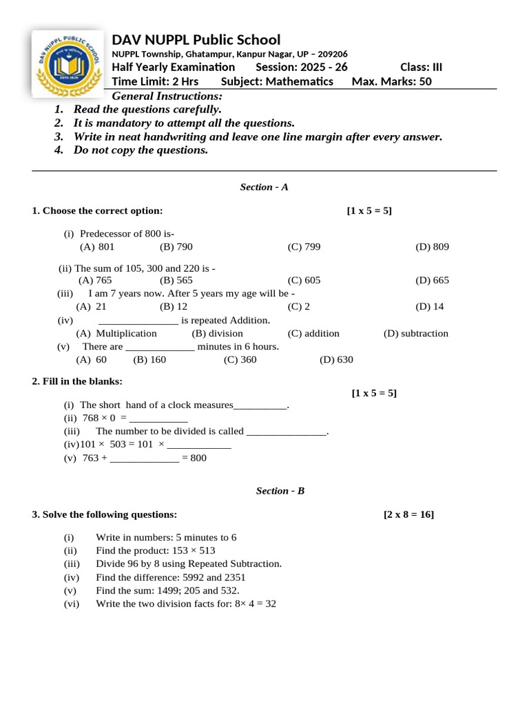 (Maths) Half Yearly Exam 25-26 Class III | PDF