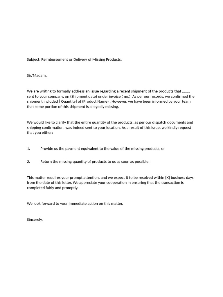 Missing Products Reimbursement Request | PDF