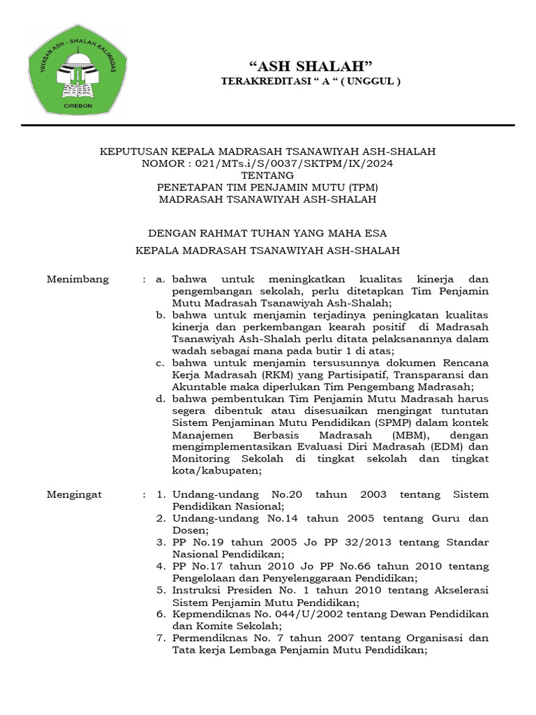 Penetapan Tim Penjamin Mutu MTs Ash-Shalah | PDF