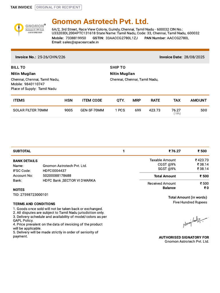 Nitin Mugilan Sales Invoice 25 26 CHN 226 | PDF | Invoice | Taxation