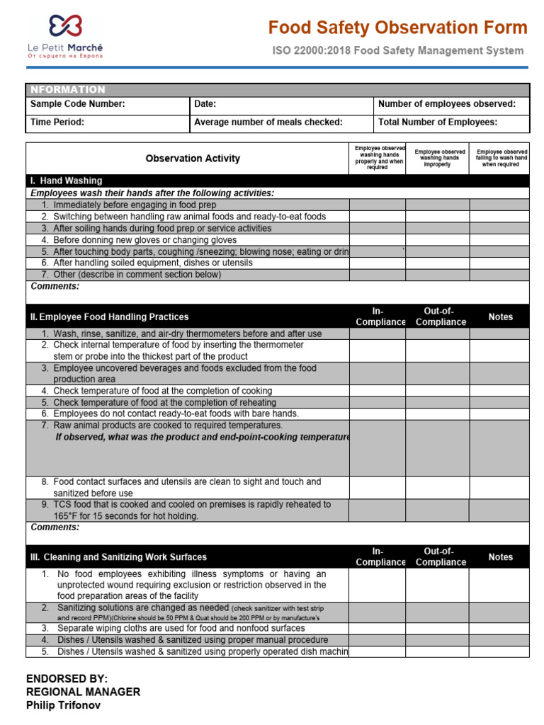 Le Petit Marche Food Safety Observation Form 2025 | PDF | Hand Washing | Food Safety