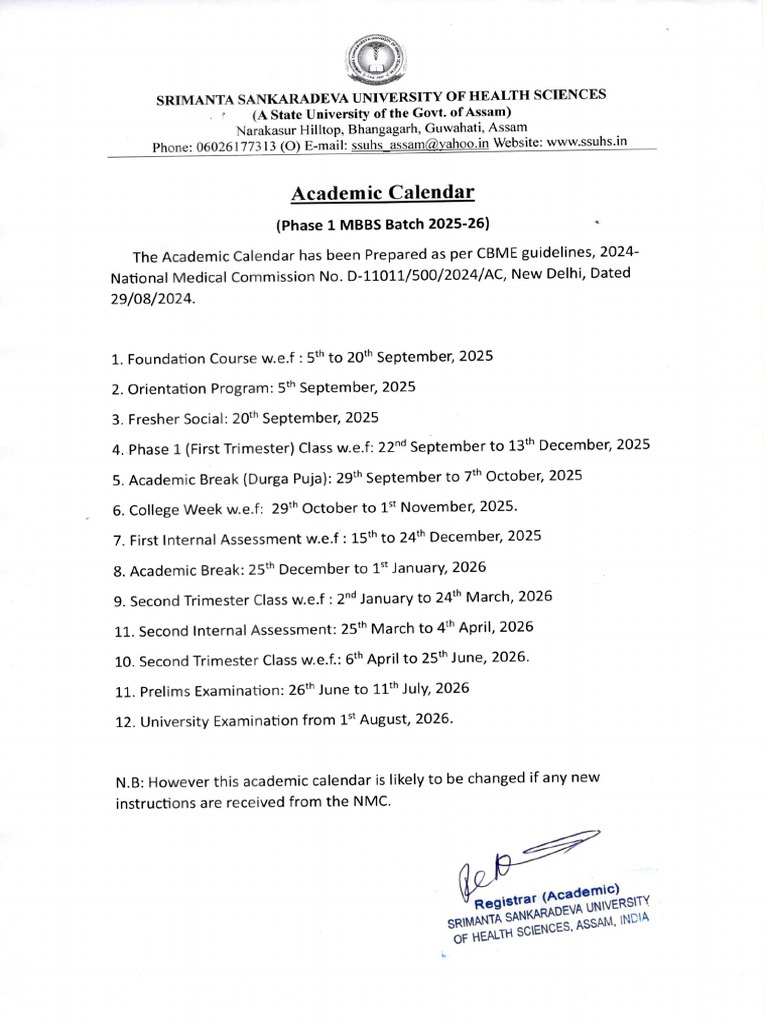 Academic Calendar For Phase I MBBS Batch 2025-26 | PDF