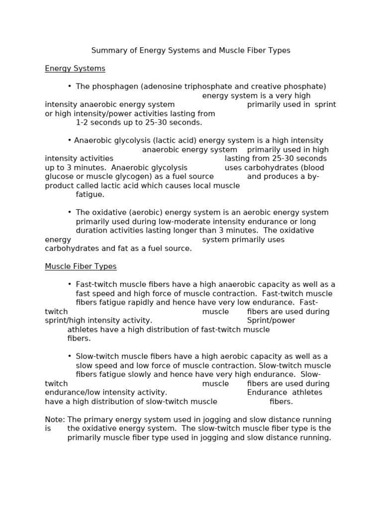 Energy Systems and Muscle Fiber Types | PDF