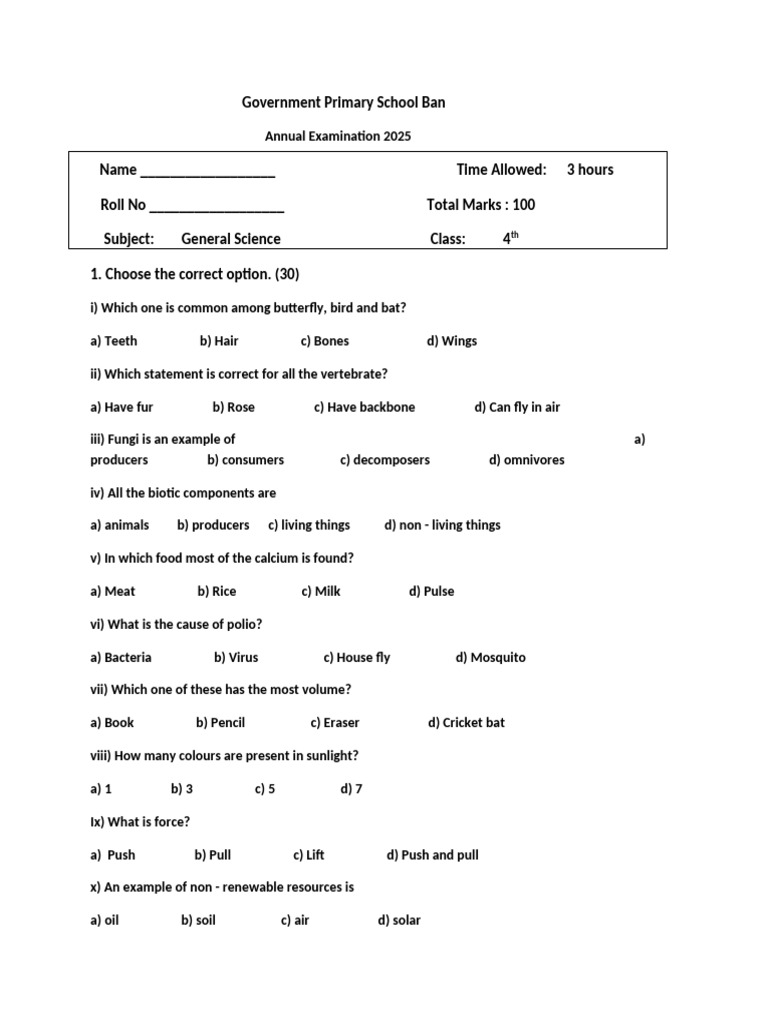 2025 Class 4 General Science Exam | PDF