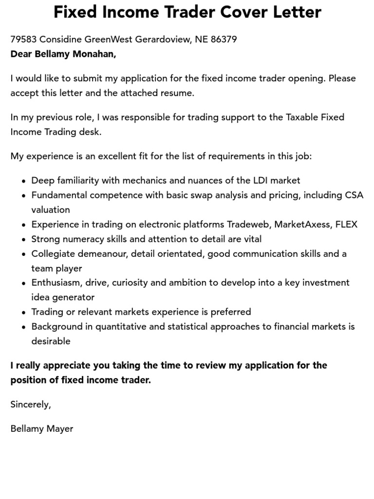Fixed Income Trader Cover Letter | PDF