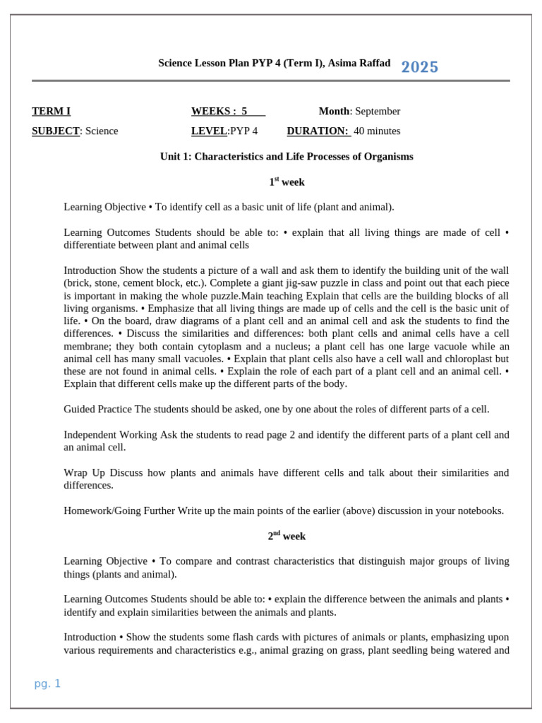 PYP 4 Science Lesson Plan: Cells & Organisms | PDF | Human Body | Cell ...