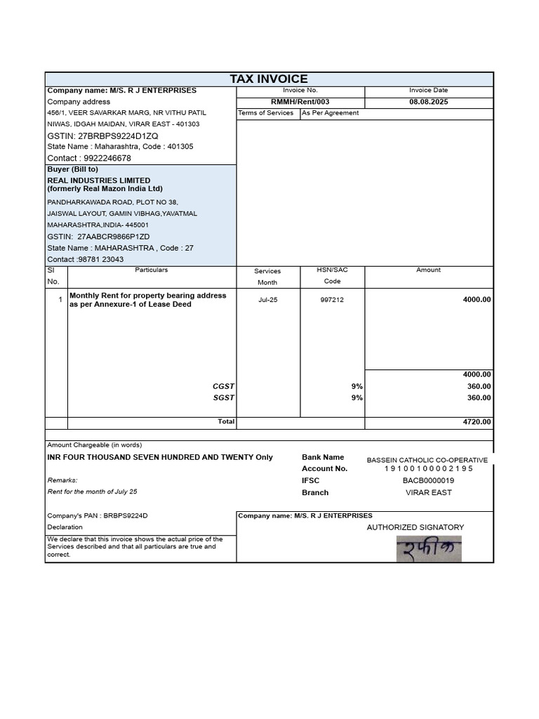 Tax Invoice for July 2025 Rent Payment | PDF | Taxation | Taxes