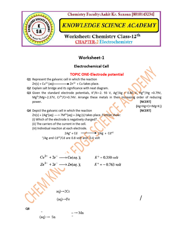 Electrochemical Cell Worksheet and Calculations | PDF ...