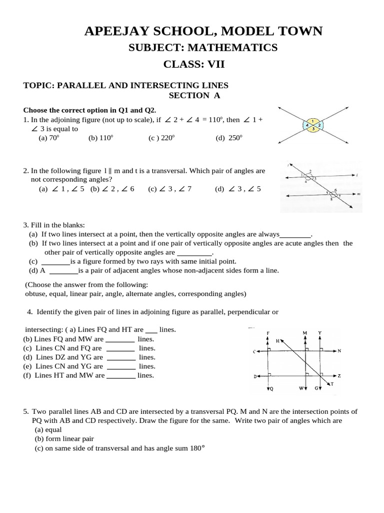 Worksheet - Parallel and Intersecting Lines | PDF | Angle | Euclidean ...