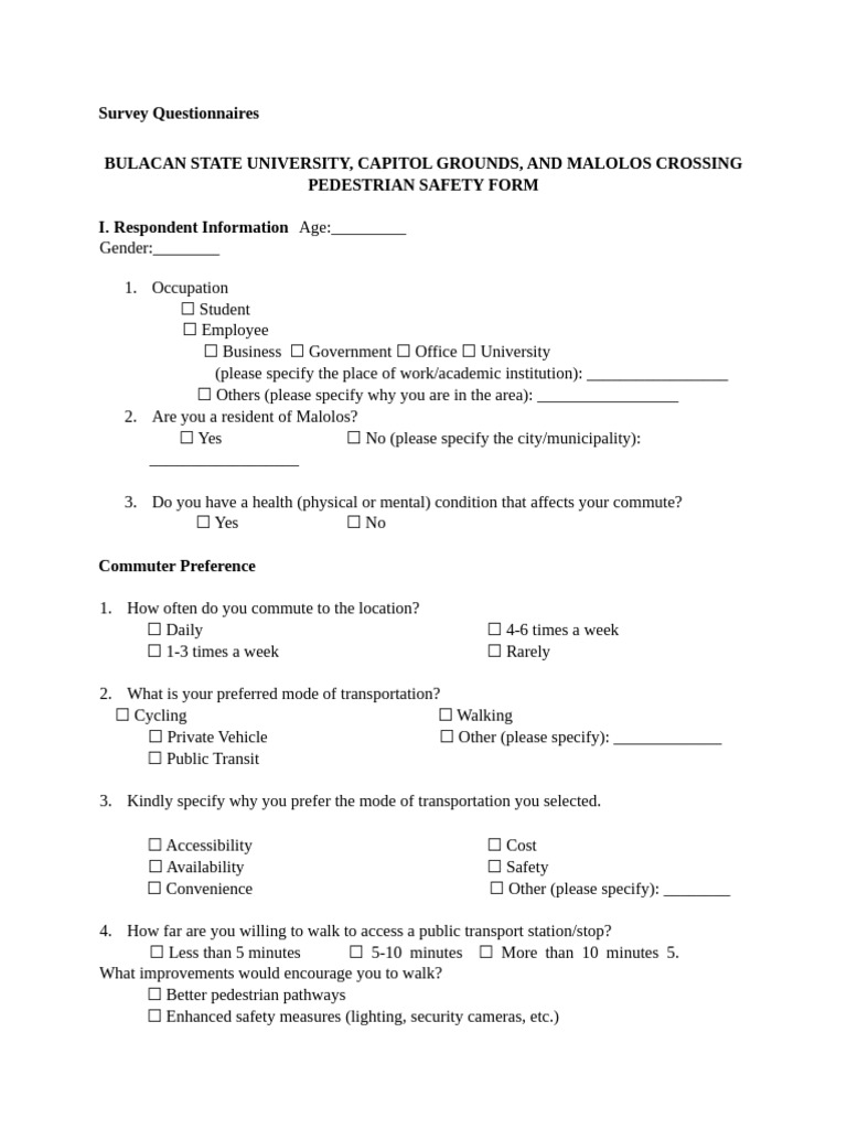 Bulacan Pedestrian Safety Survey Form | PDF | Traffic | Public Transport