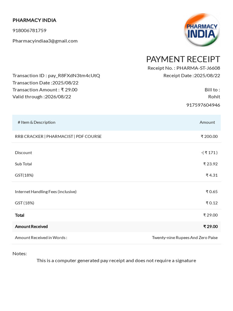 Pharmacy India Payment Receipt | PDF
