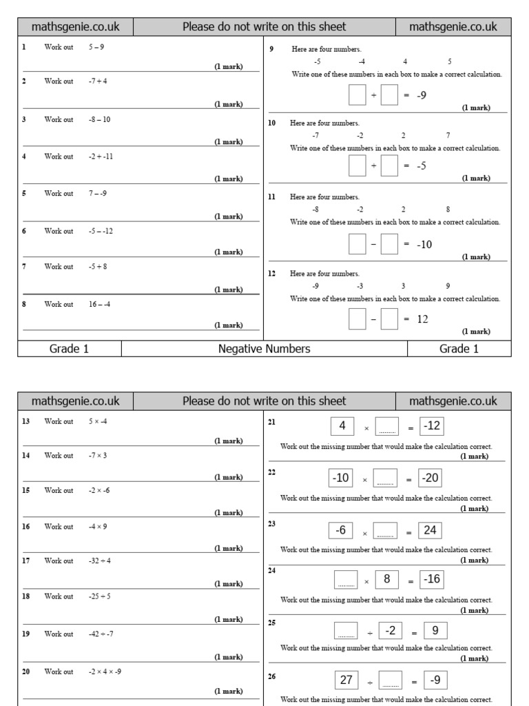 Negative Numbers Practice Worksheet | PDF