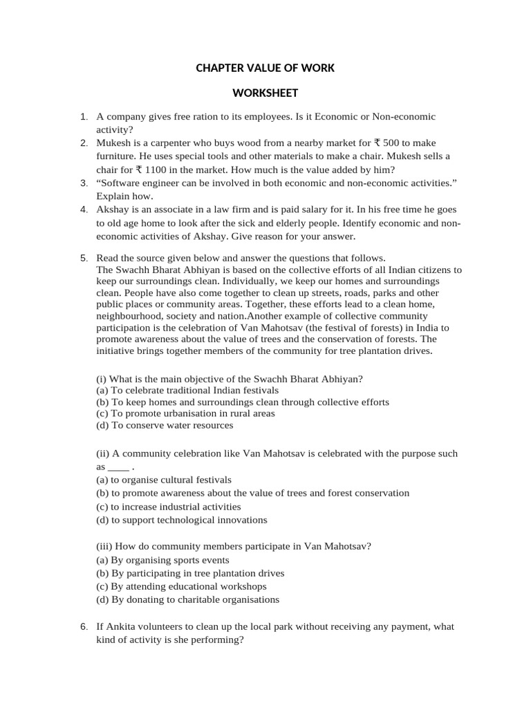 Value of Work Worksheet | PDF