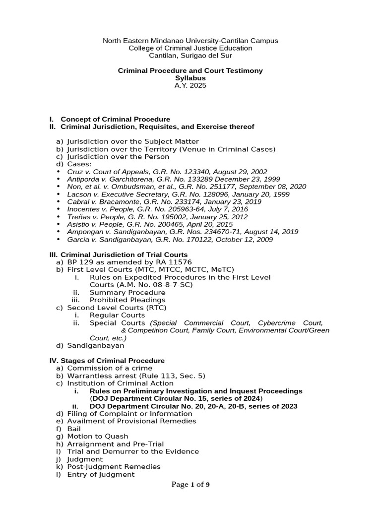 Criminal Procedure Syllabus A.Y. 2025 | PDF | Bail | Plea