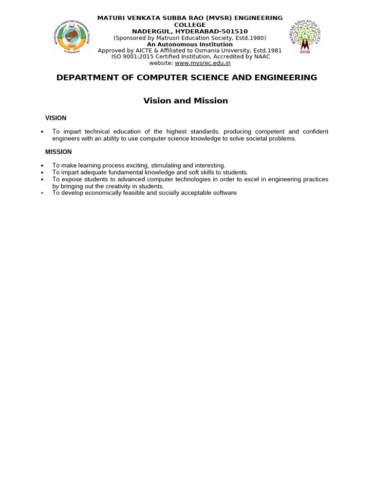 Vision and Mission of MVSR Engineering College | PDF