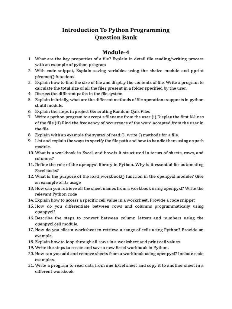 Python Module 4 and 5 Qbank | PDF | Computer File | Microsoft Excel
