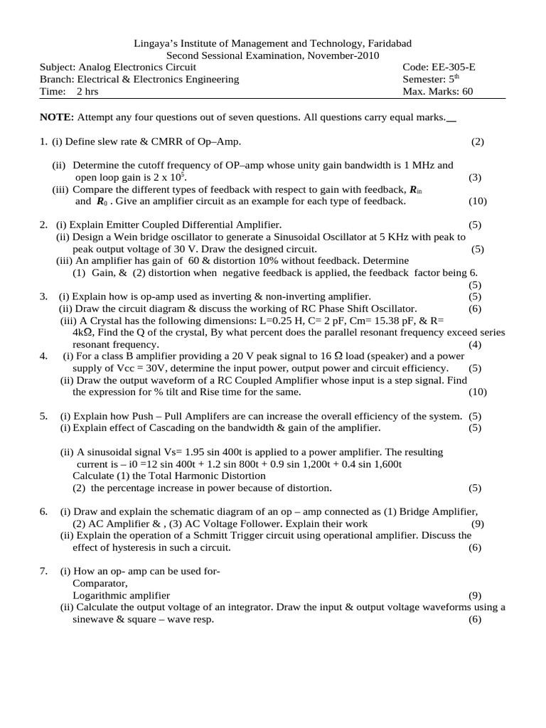 Analog Electronics Exam Questions 2010 | PDF | Amplifier | Electronic ...