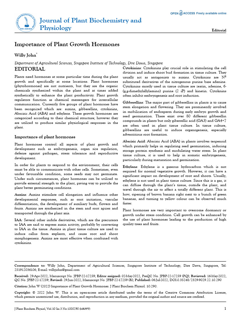 Role of Plant Growth Hormones | PDF | Plant Hormone | Auxin