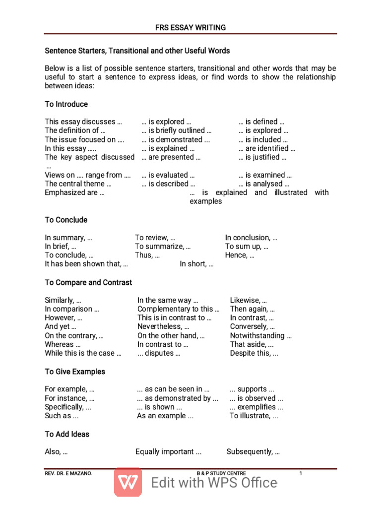 Essay Sentence Starters | PDF | Psychology | Behavioural Sciences