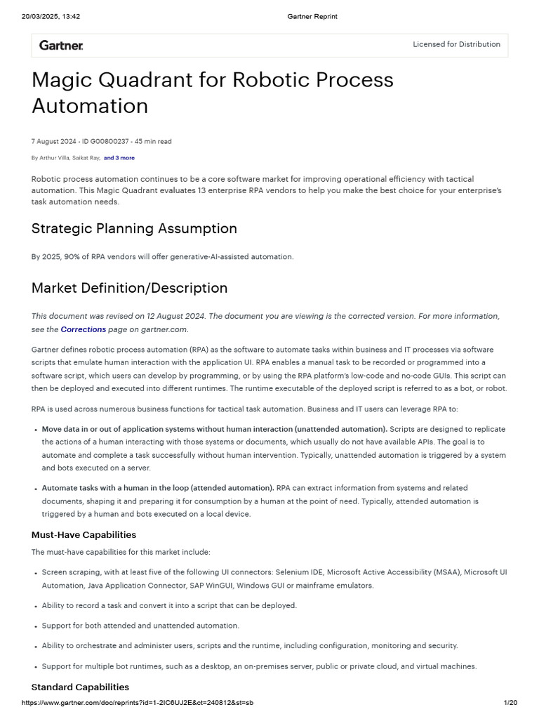 Gartner RPA Magic Quadrant 2024 Insights | PDF | Automation | Cloud ...