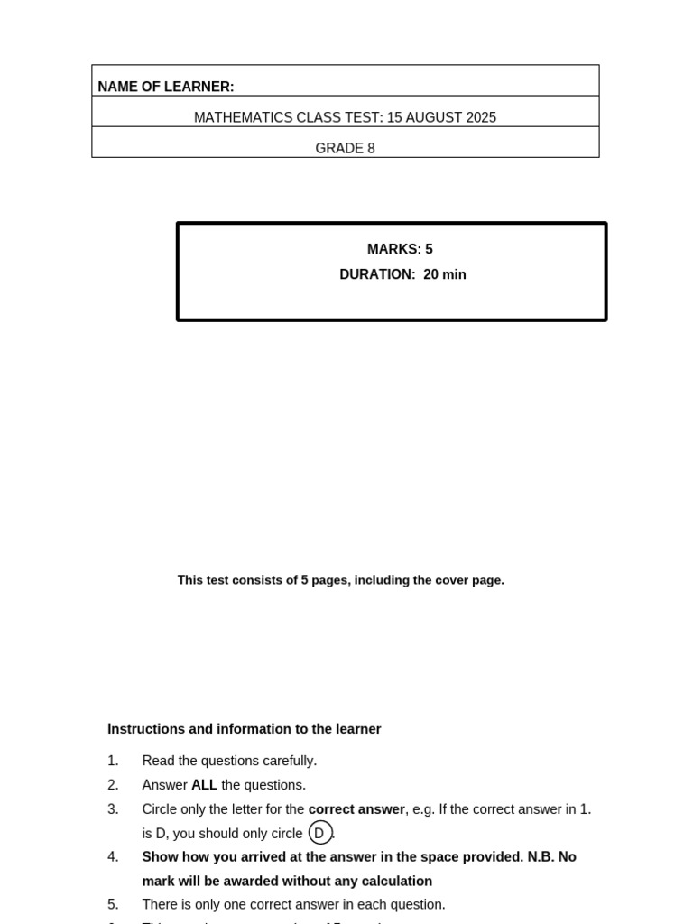 Grade 8 Math Test Instructions | PDF | Mathematics